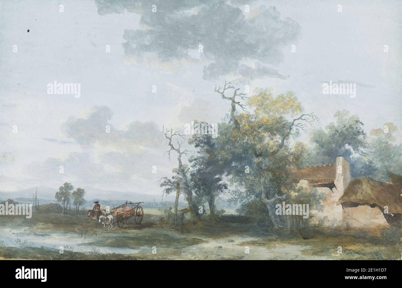 Louis-Gabriel Moreau - Paysage avec une chaumière et un homme sur un ...