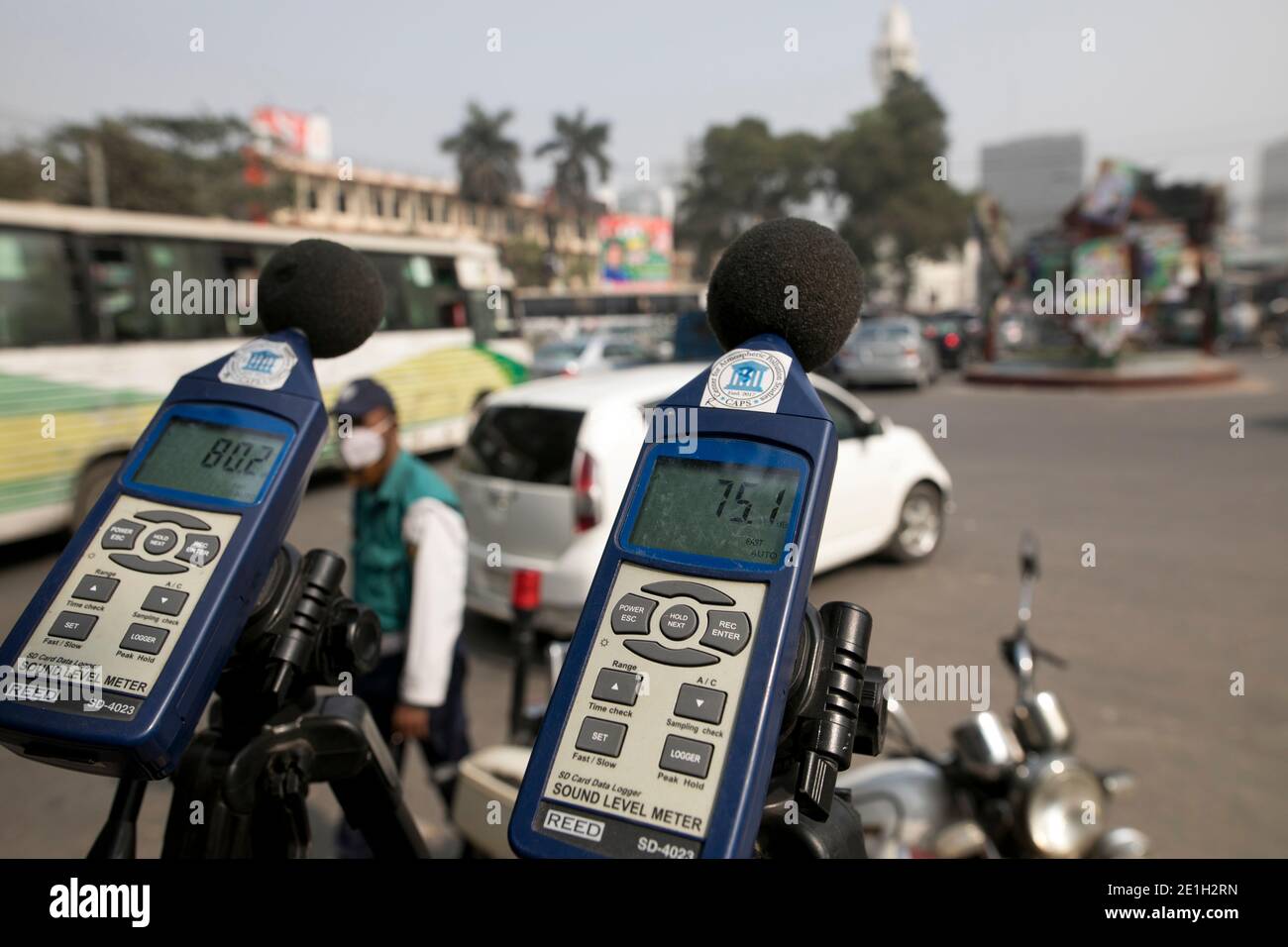 DHAKA, BANGLADESH - JANUARY 07: Sound level meter seen on street to measure noise level in Dhaka ...