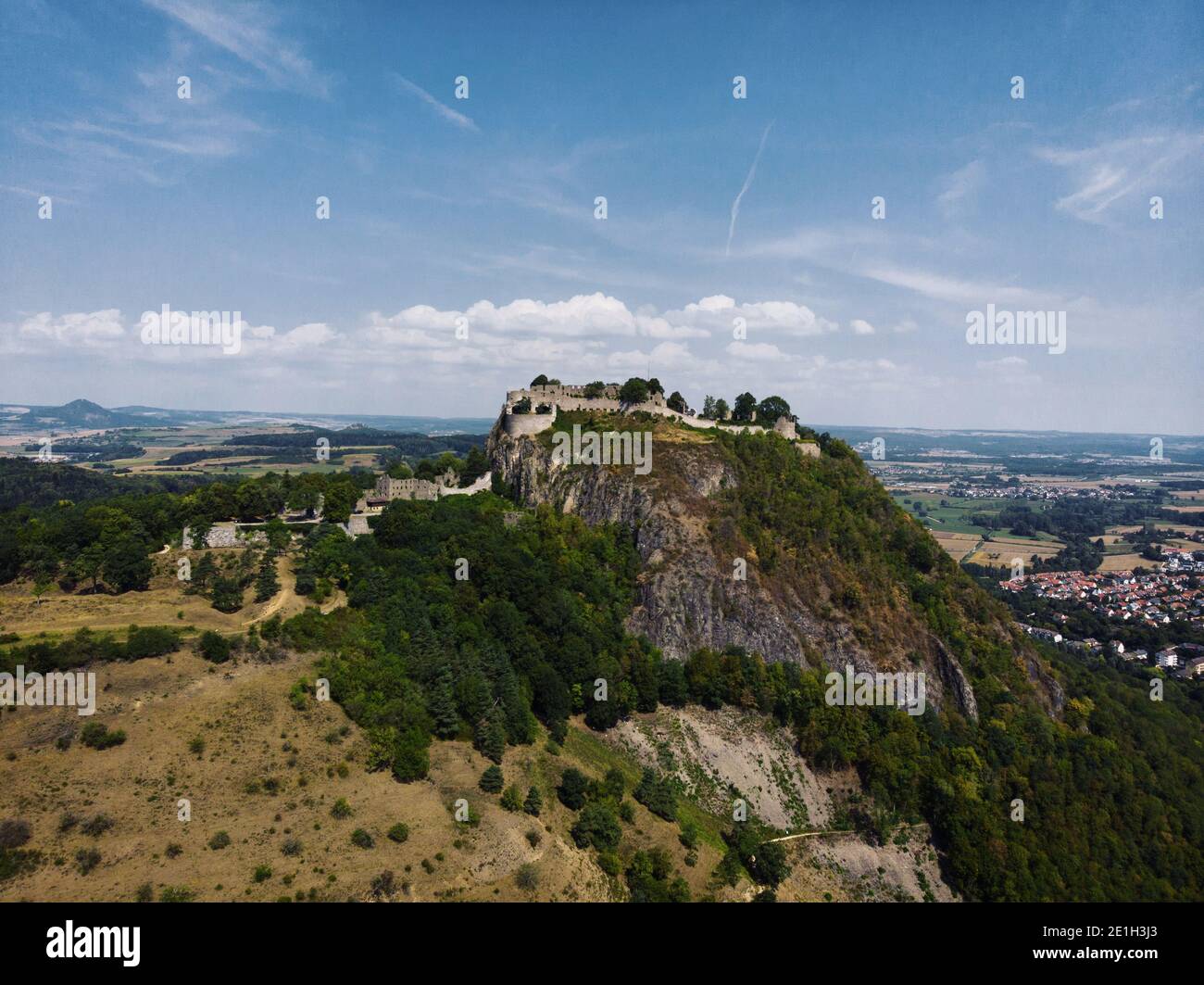 Aerial panorama of extinct Hegau volcanic mountain Hohentwiel fortress ...