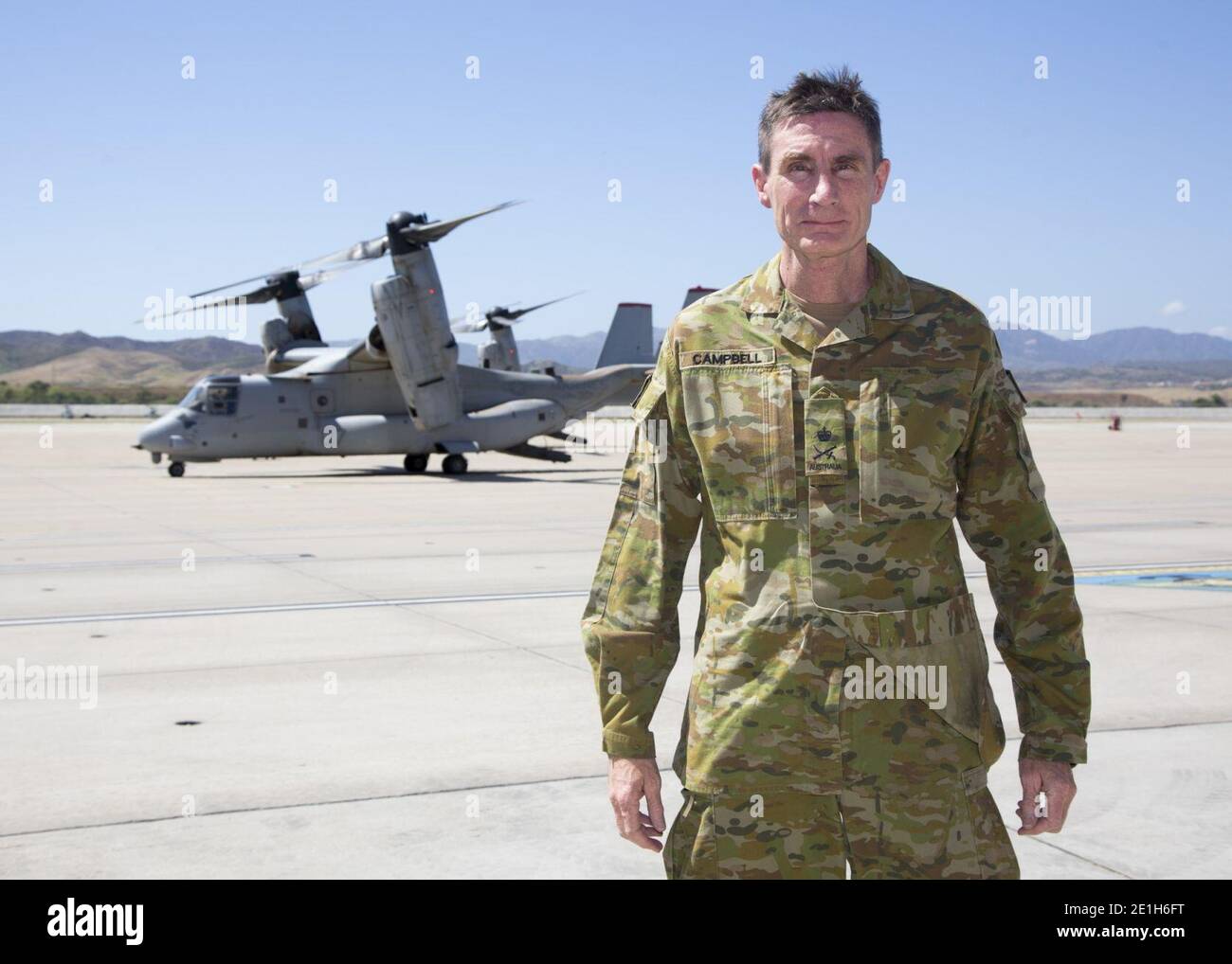 Lt General Angus Campbell poses for a photo in front of an MV-22B ...
