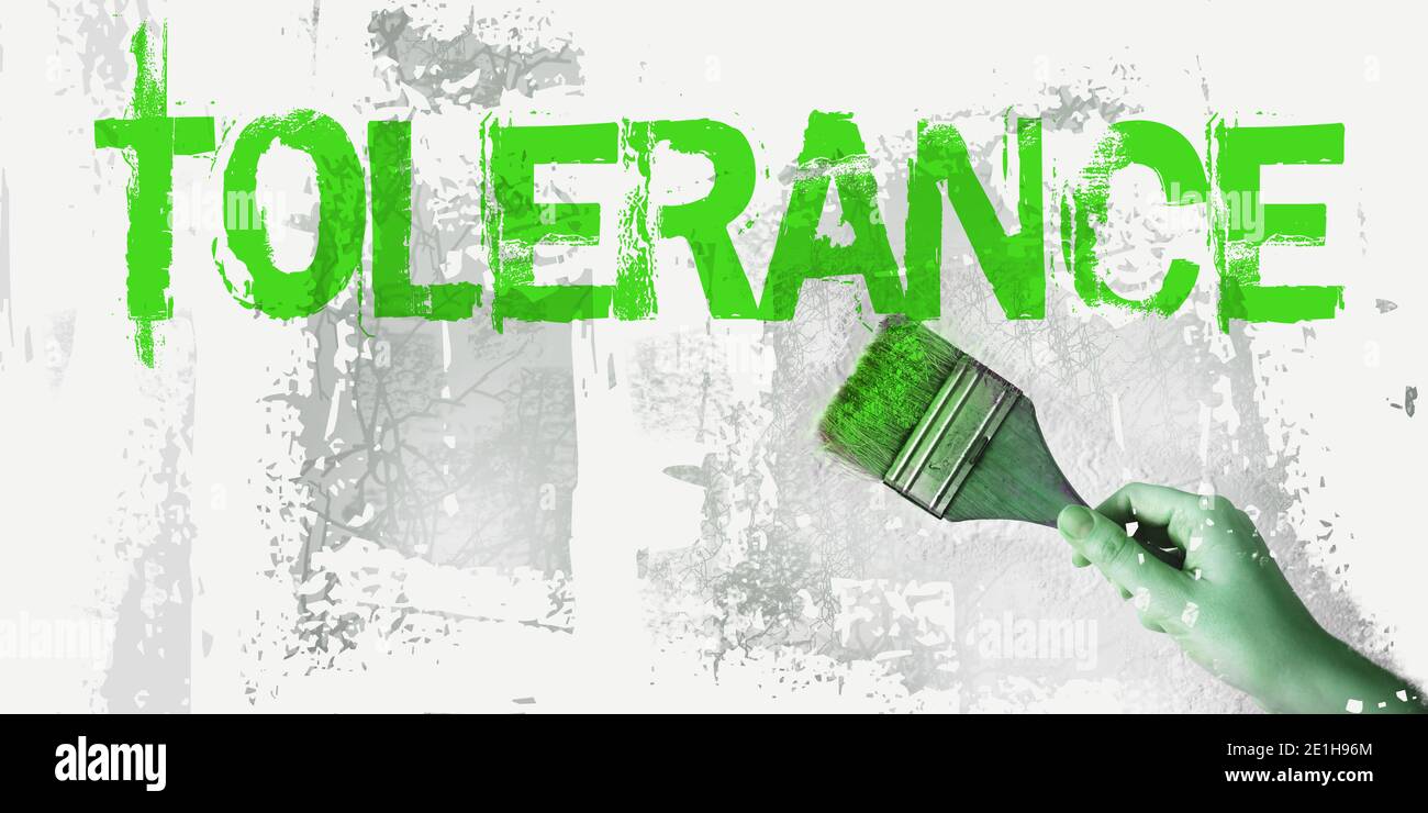 Tolerance word in red, and paintbrush on white grey grunge background ...