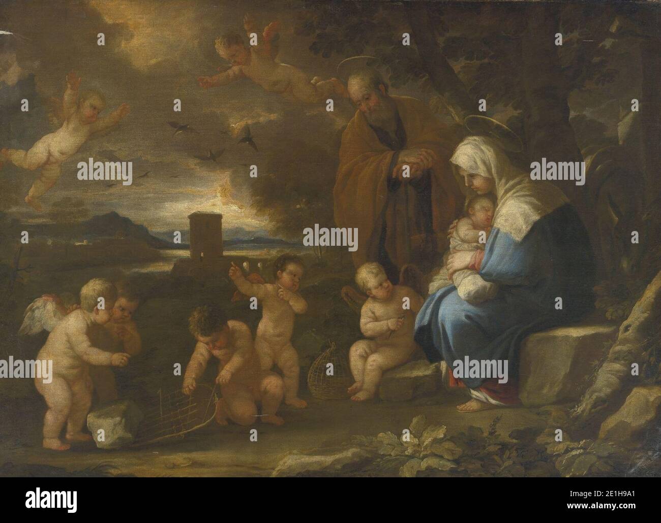 Luca Giordano The Holy Family with Putti making birdcages in a ...