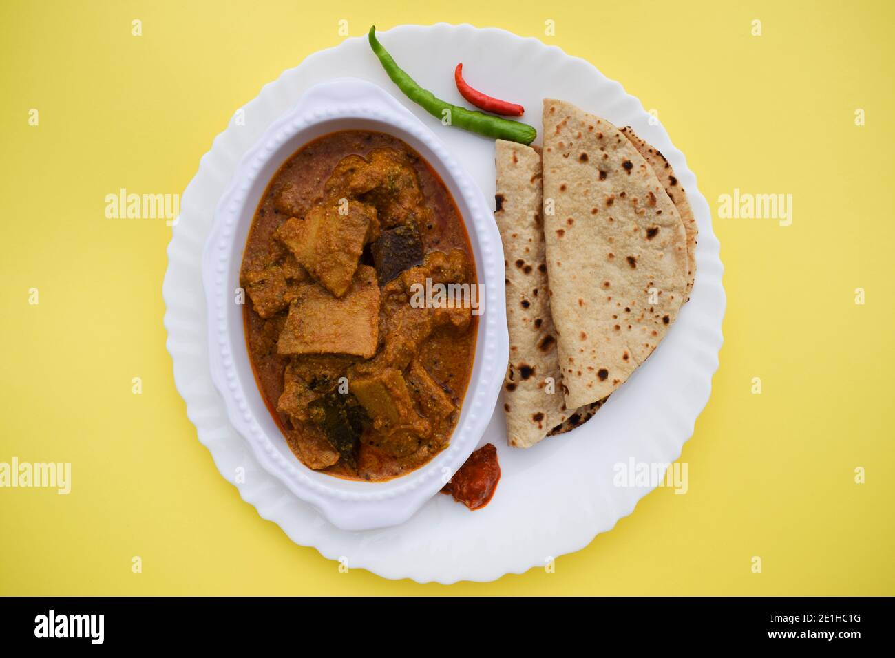 Suran ki sabzi or Jimikand masala curry closeup. Delicious exotic gravy ...