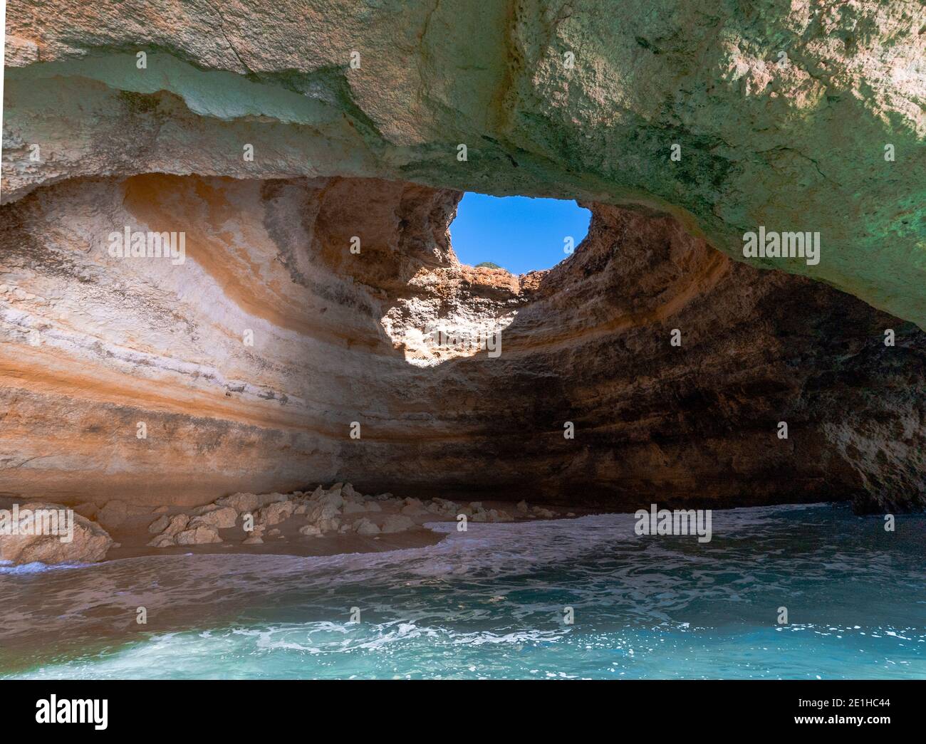 A view of the inside of the Benagil Cave on the Algarve coast of ...