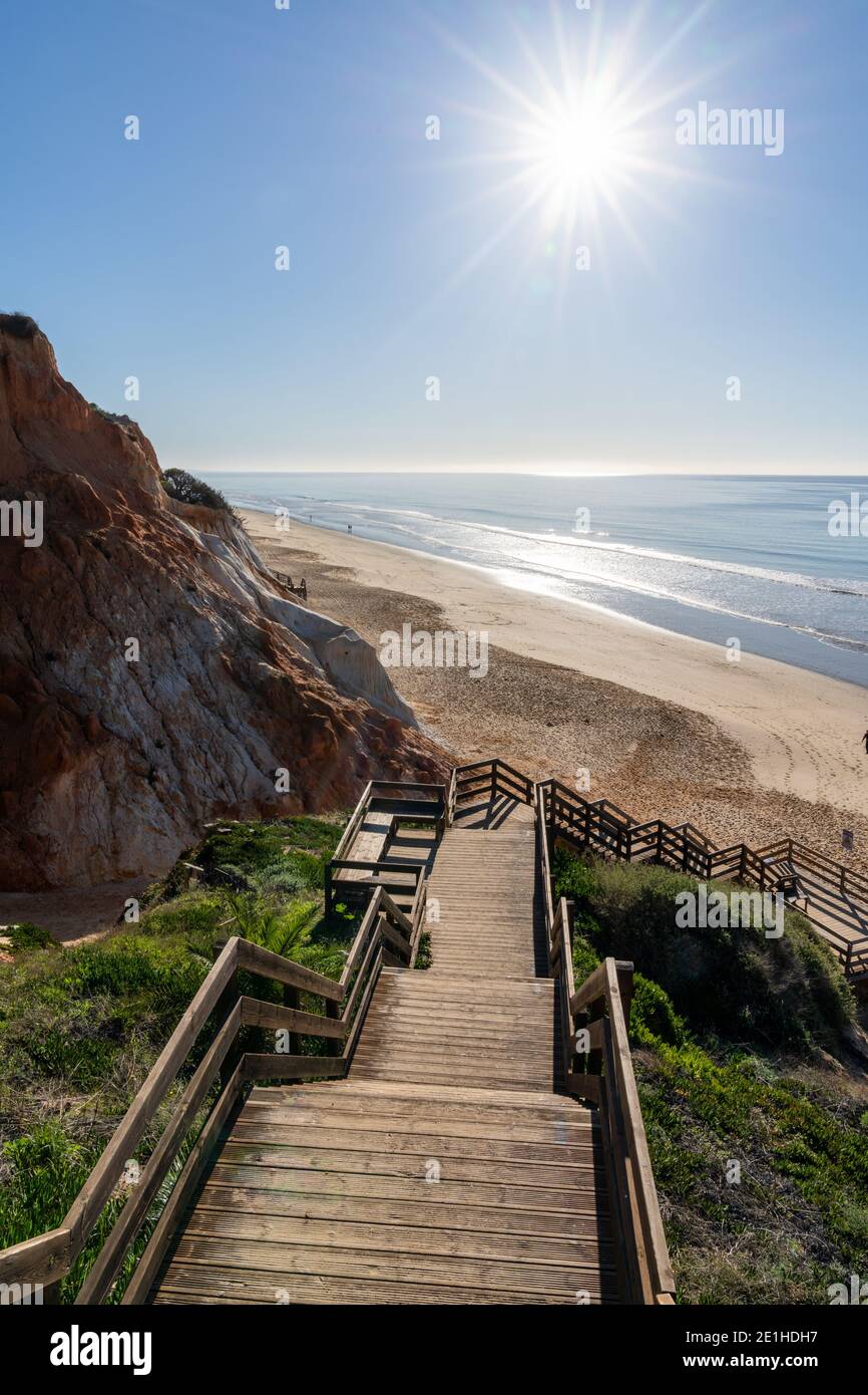 A long wooden boardwalk beach access leading down to a wide golden ...