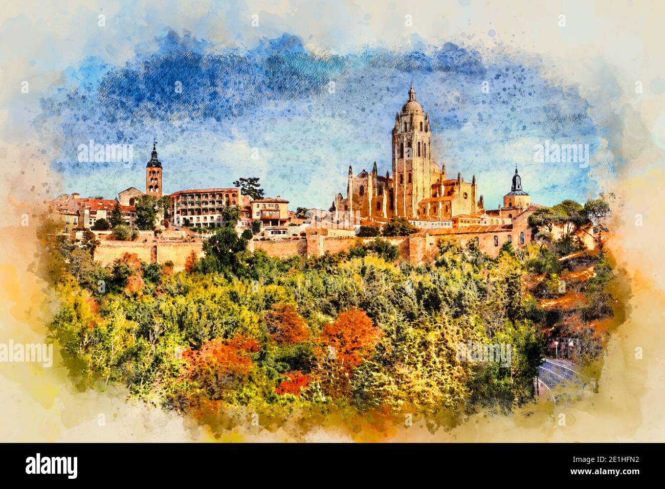 Segovia, Spain. View over the town with its cathedral and medieval ...