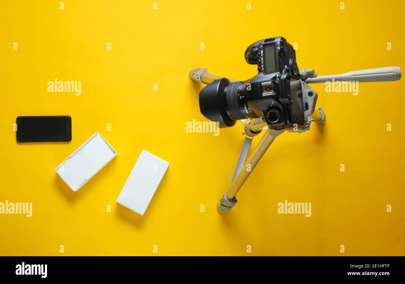 Tehnobloger concept. Unboxing new smartphone with box and review with ...