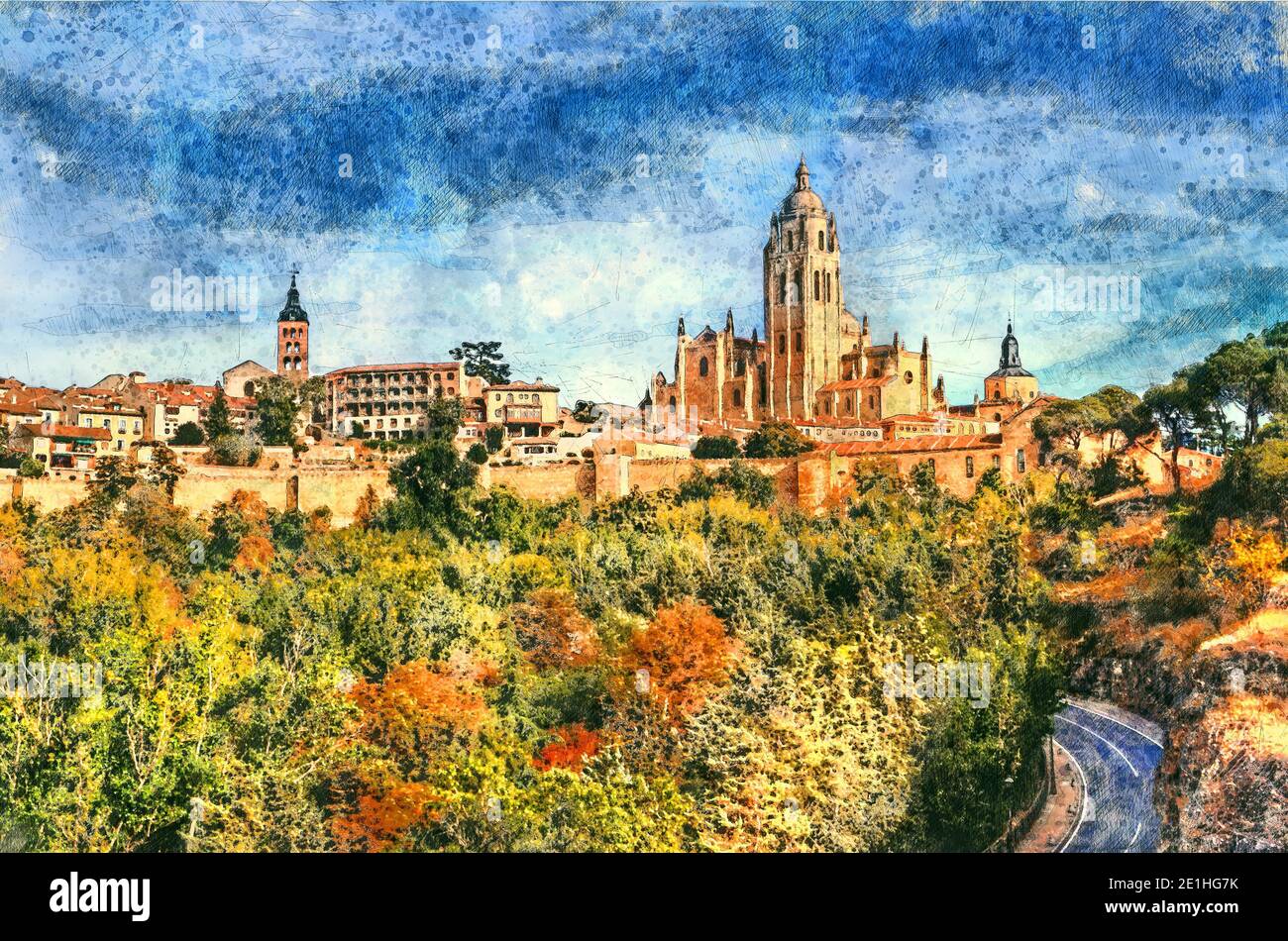 Segovia, Spain. View over the town with its cathedral and medieval ...