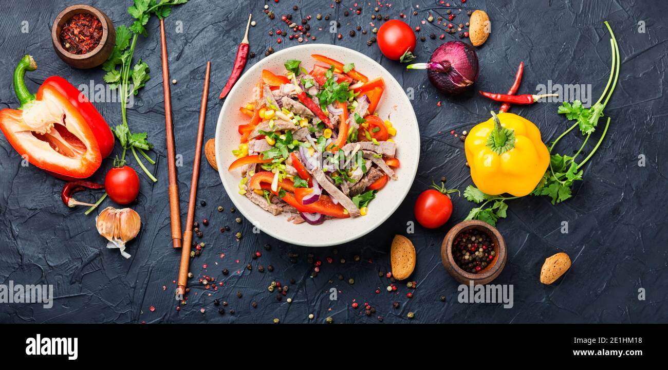 Spring meat salad with beef,pepper,tomato and corn.Asian salad Stock ...