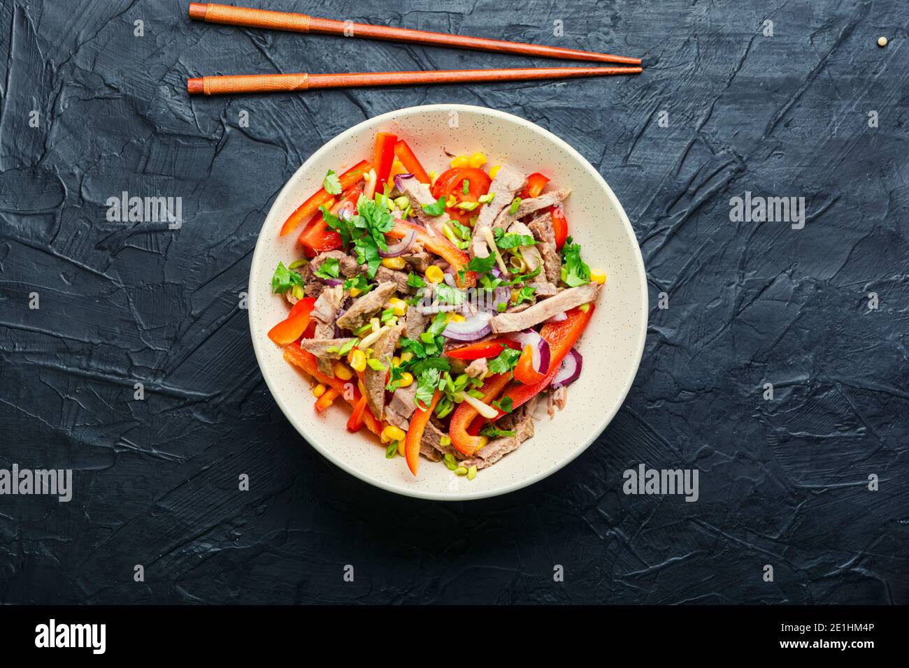 Spring meat salad with beef,pepper,tomato and corn.Asian salad Stock ...