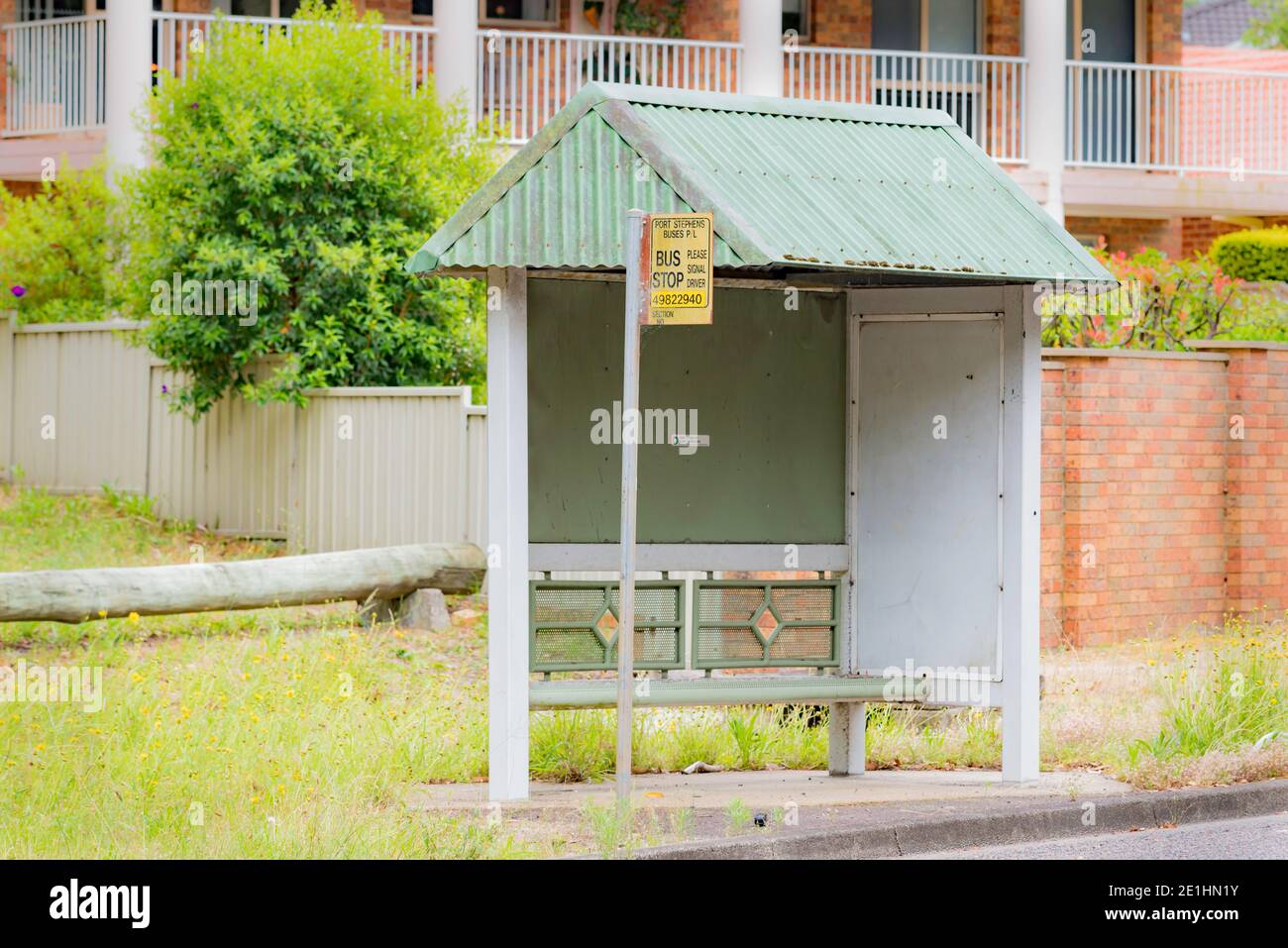 A small prefabricated steel bus shelter and bus stop in the Port ...