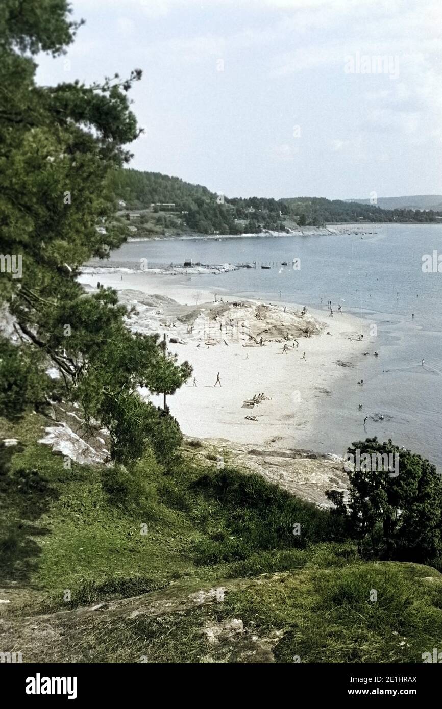 Badestrand am Byfjord, 1969. Beach on the shores of Byfjord, 1969 Stock ...
