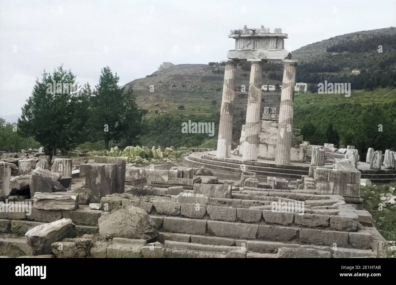 Blick auf das antike Bauwerk der Tholos von Delphi, Griechenland 1950er ...
