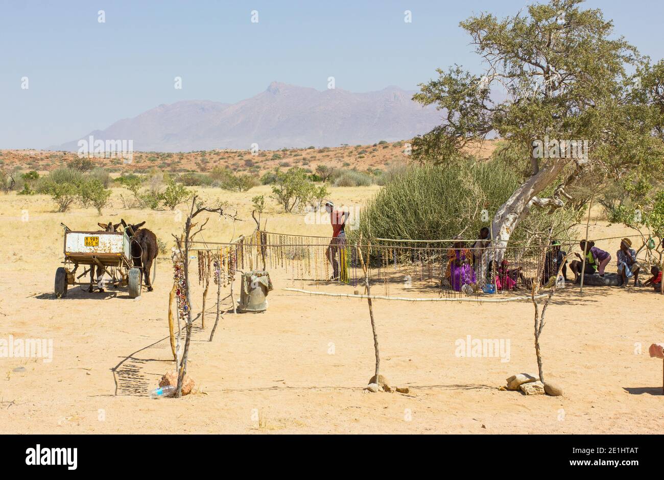 typical landscape of Namibia, Africa with a donkey cart and people ...