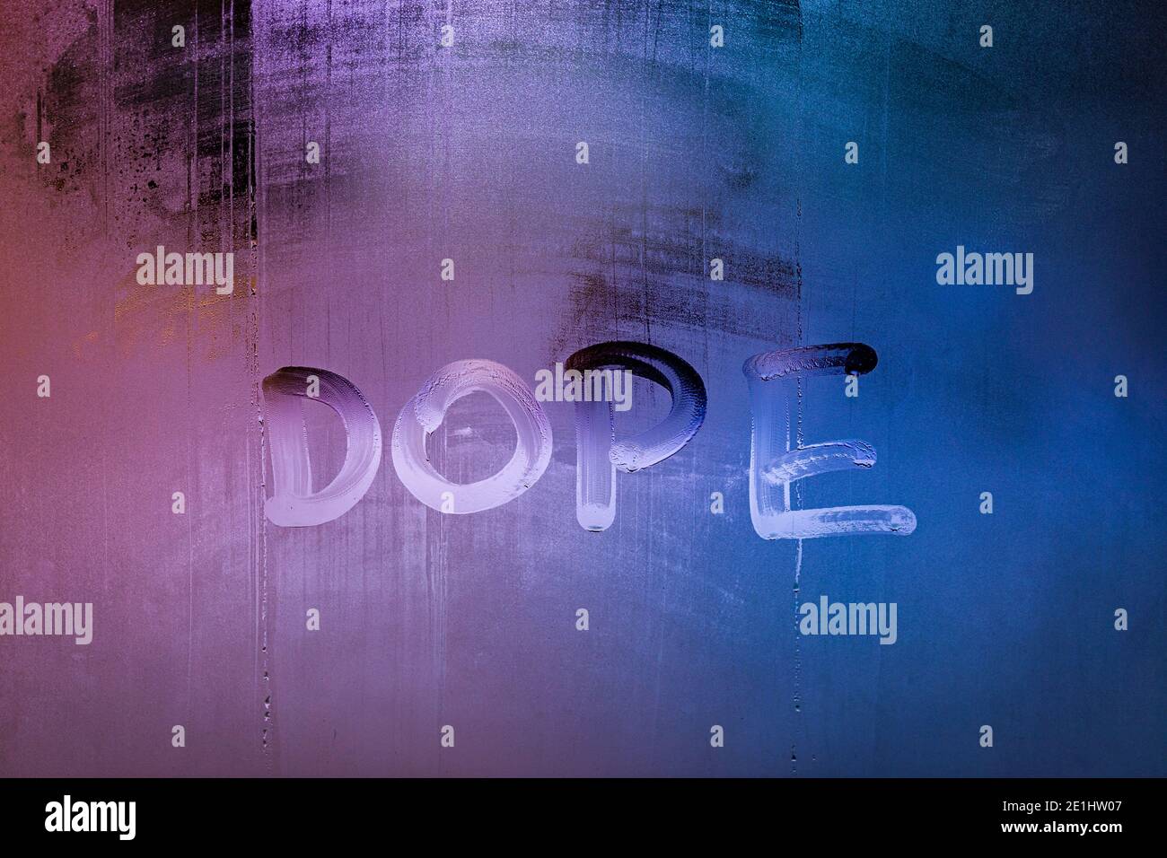 word dope handwritten on night wet window glass surface close-up Stock ...