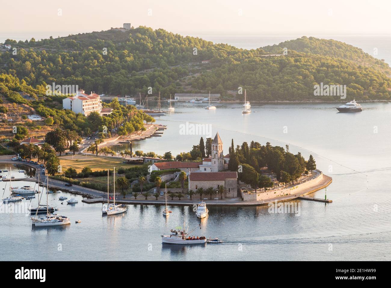 Vis town, Franciscan monastery and harbour, Vis Island, Croatia Stock ...
