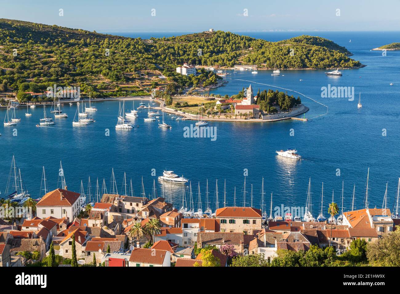 Vis town, Franciscan monastery and harbour, Vis Island, Croatia Stock ...