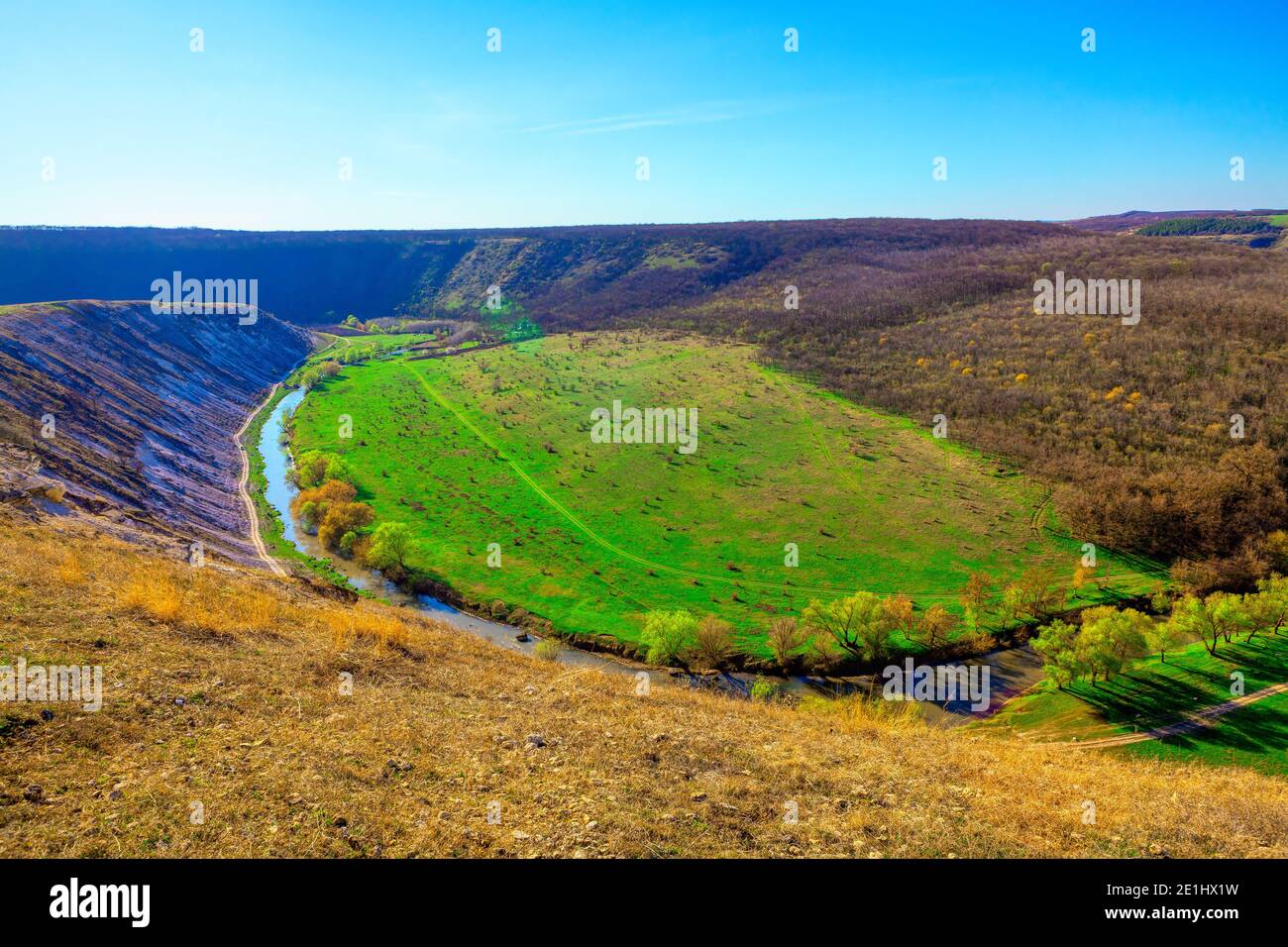 Beautiful spring nature . Aerial view of valley with river . Majestic ...