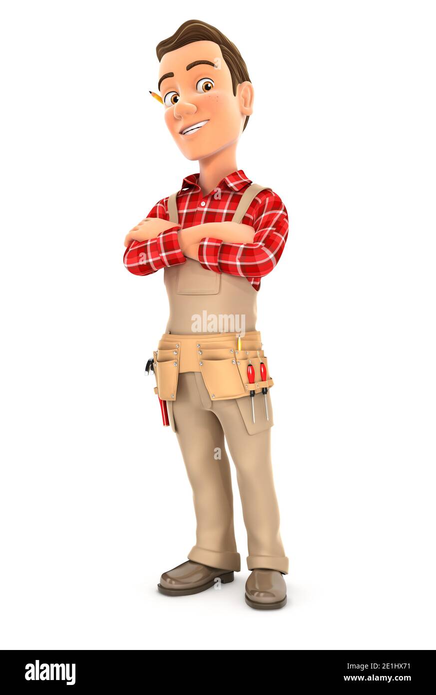 3d handyman standing with arms crossed, illustration with isolated ...
