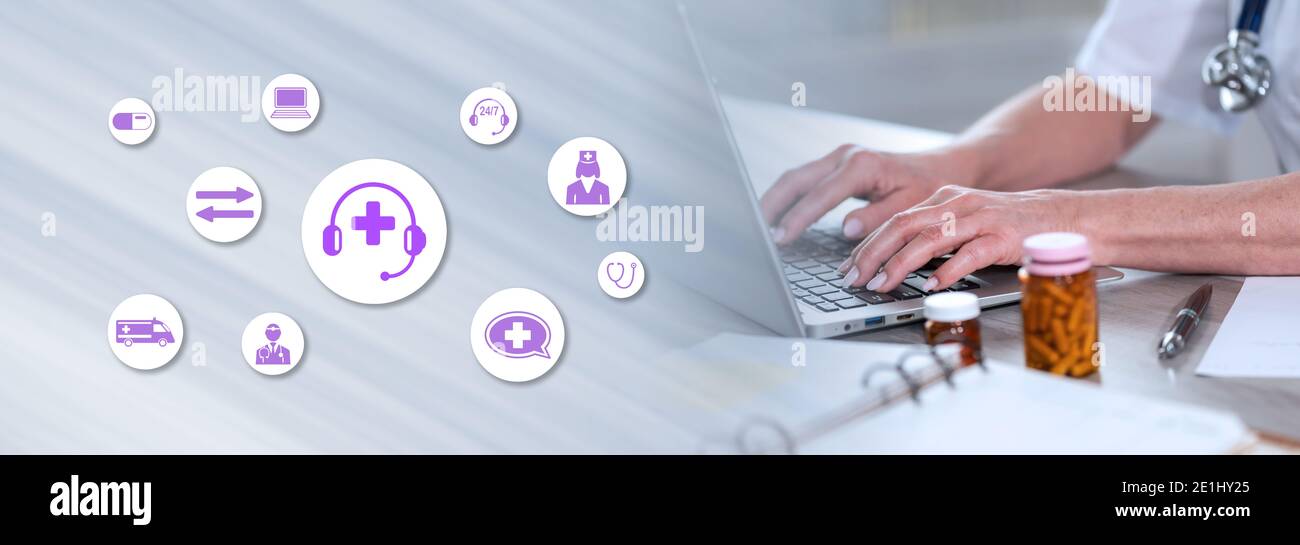 Concept of medical hotline with female doctor using laptop Stock Photo ...