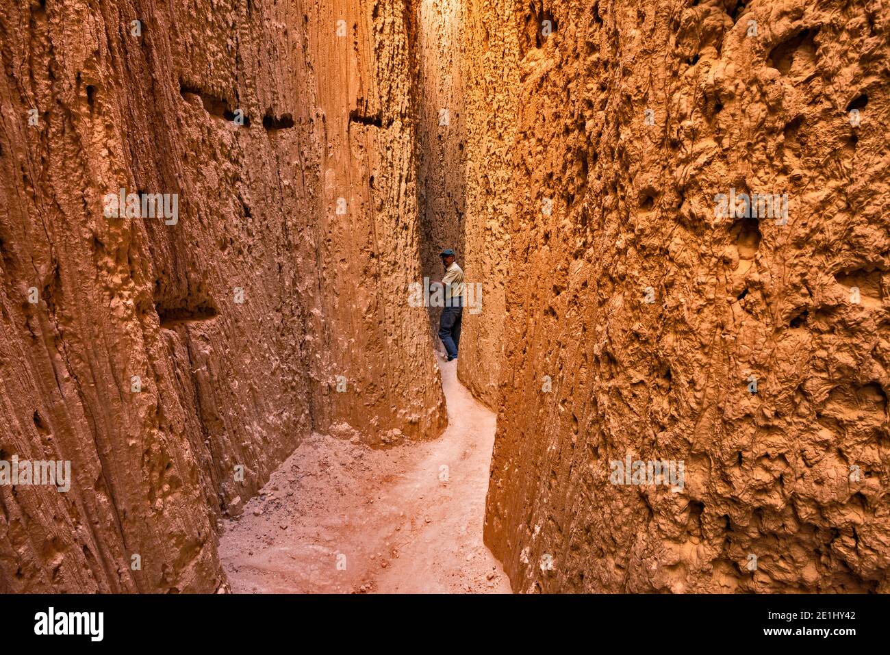 Slot canyon eroded into a bentonite clay formation, badlands of ...