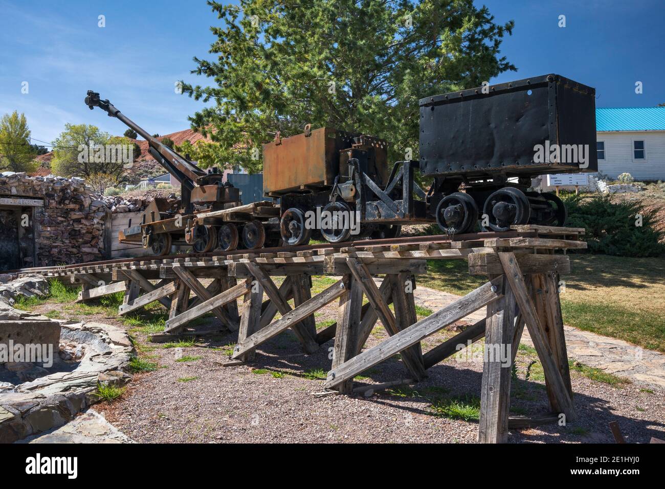 Historic ore cars on display in silver mining town of Pioche, Great ...
