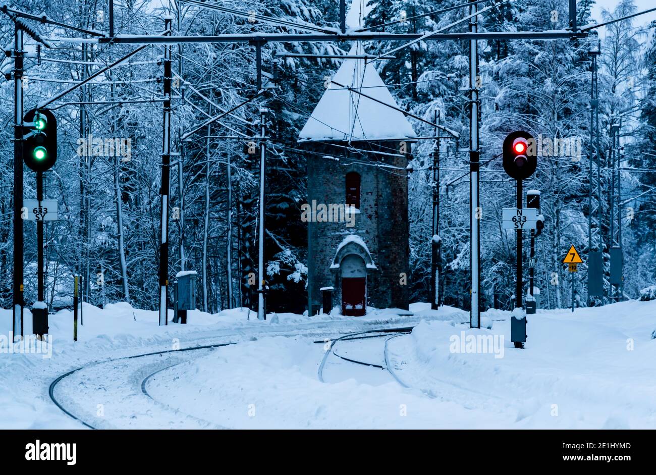 Snow rail track railway winter rail line station perspective hi-res ...
