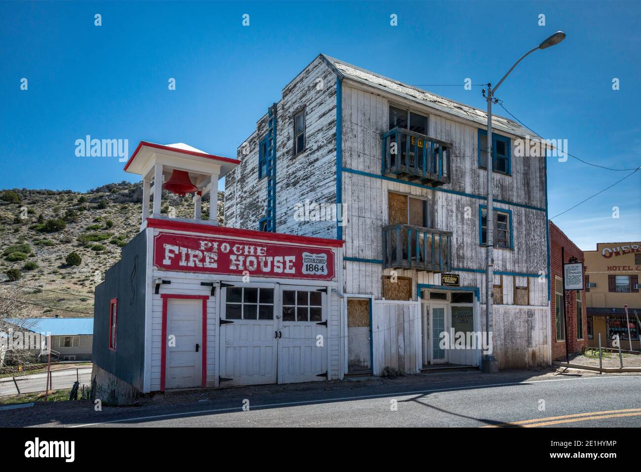 Historic firehouse in silver mining town of Pioche, Great Basin, Nevada ...