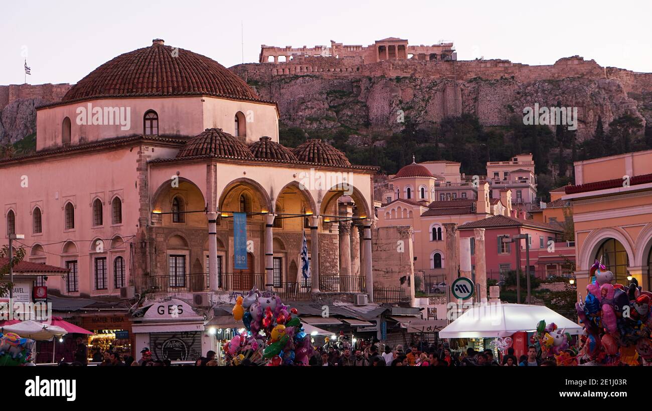 Athens - December 2019: view of Monastiraki square with Pantheon on ...