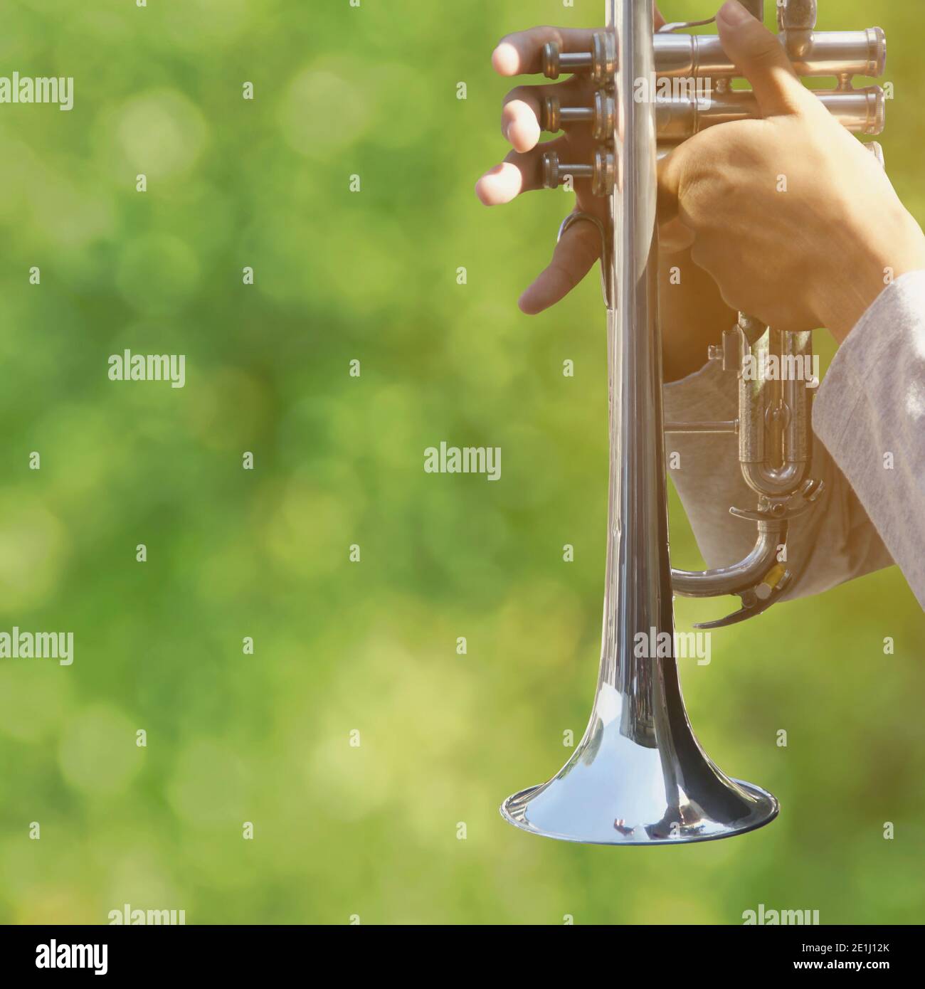 Closeup of Hands Holding the Trumpet with Nature Background Stock Photo ...