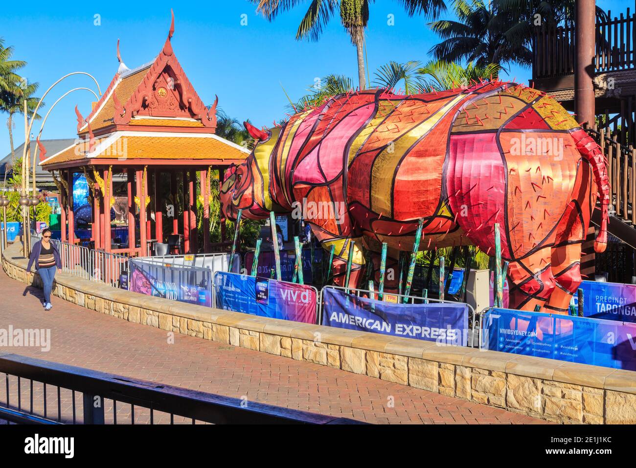 Taronga Zoo, Sydney, Australia. A colorful rhinoceros sculpture, part ...