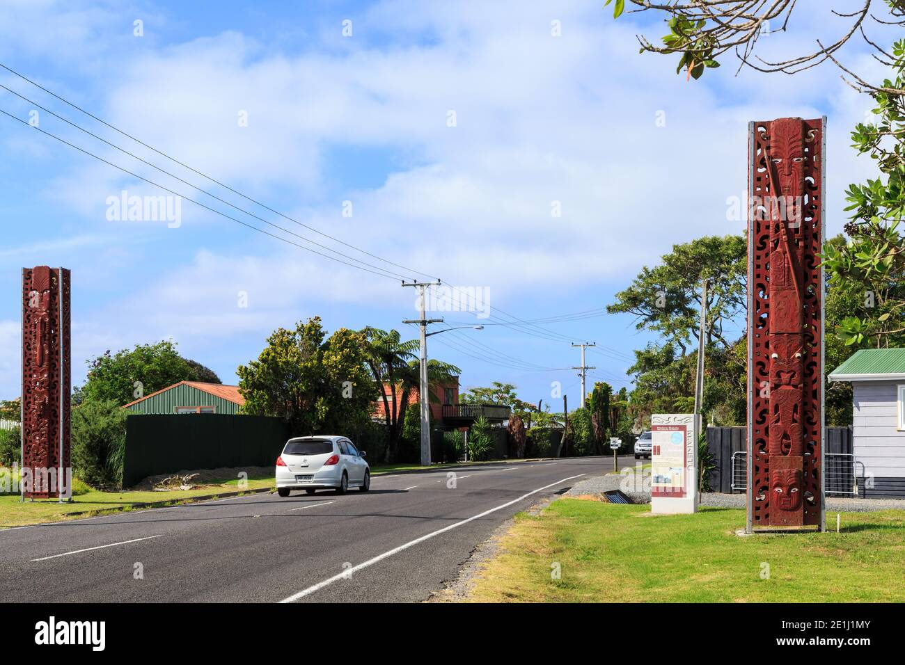 Maketu, New Zealand. Maori carvings depicting ancestral figures on the ...
