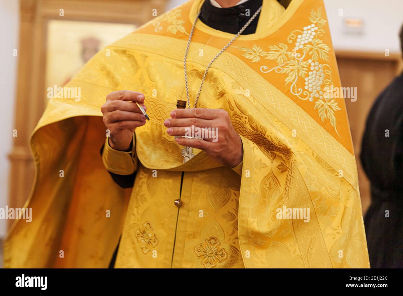 Orthodox Church. Christianity. Priest hands holding oil for anointing ...