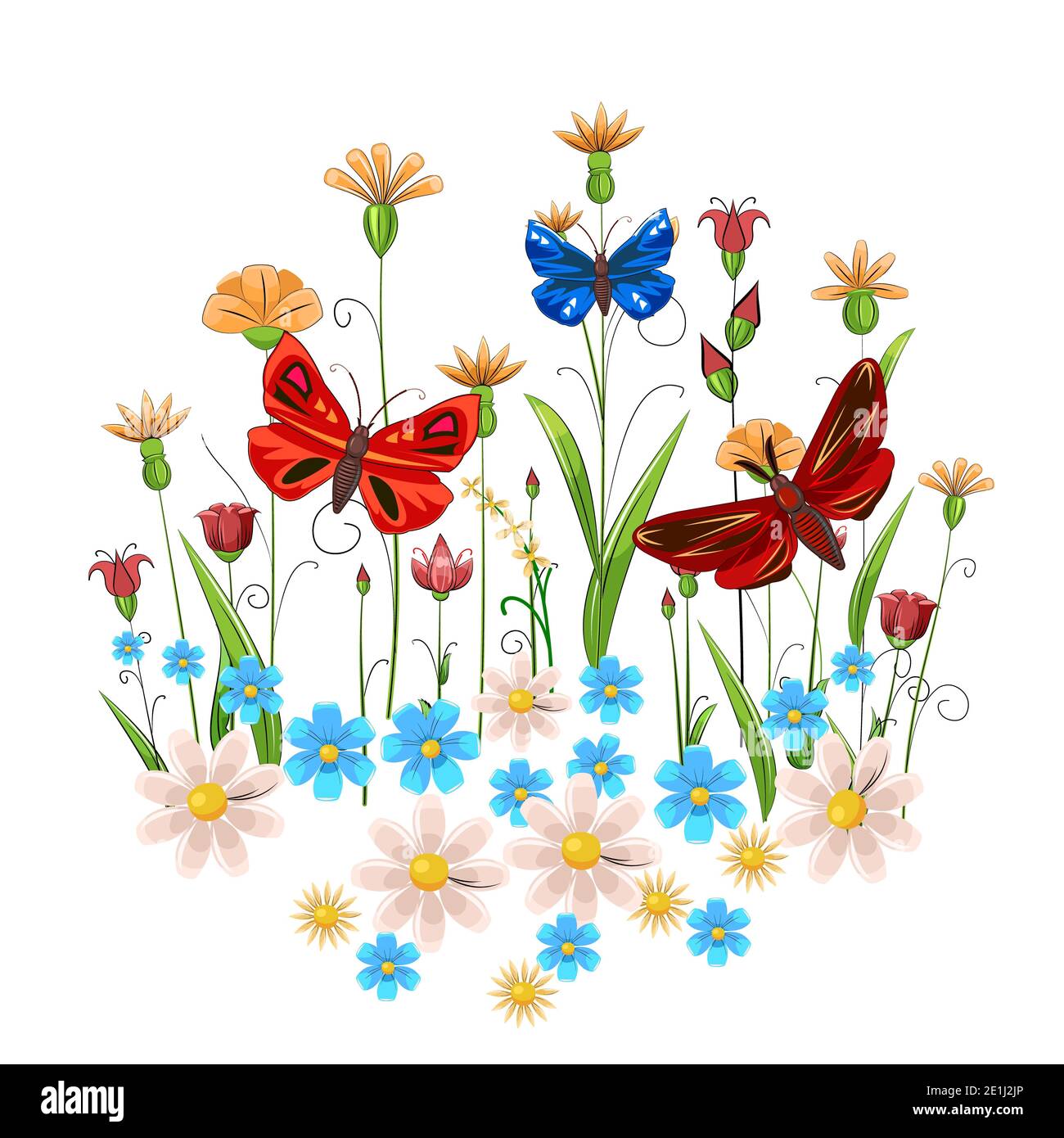 Blooming meadow with grass and flowers. Scenery. Cartoon style ...