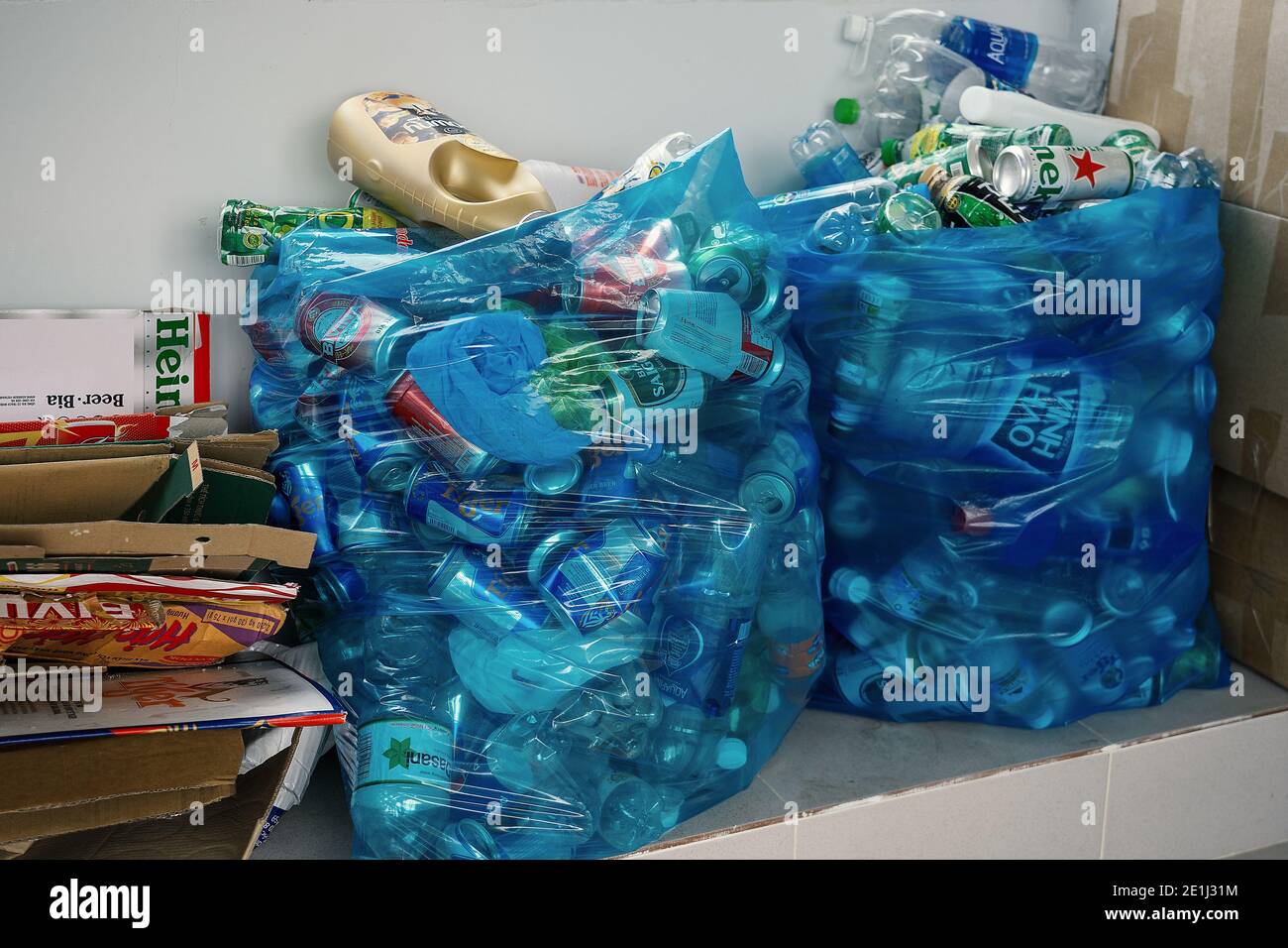 Separately sorted waste. Garbage bags with plastic bottles, metal cans ...