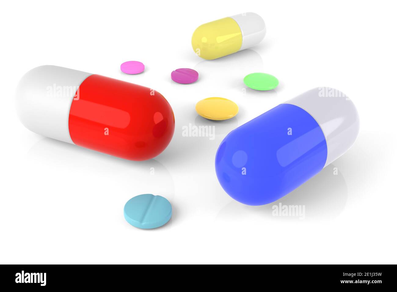 Group of medicines, pills and capsules on a white isolated background ...