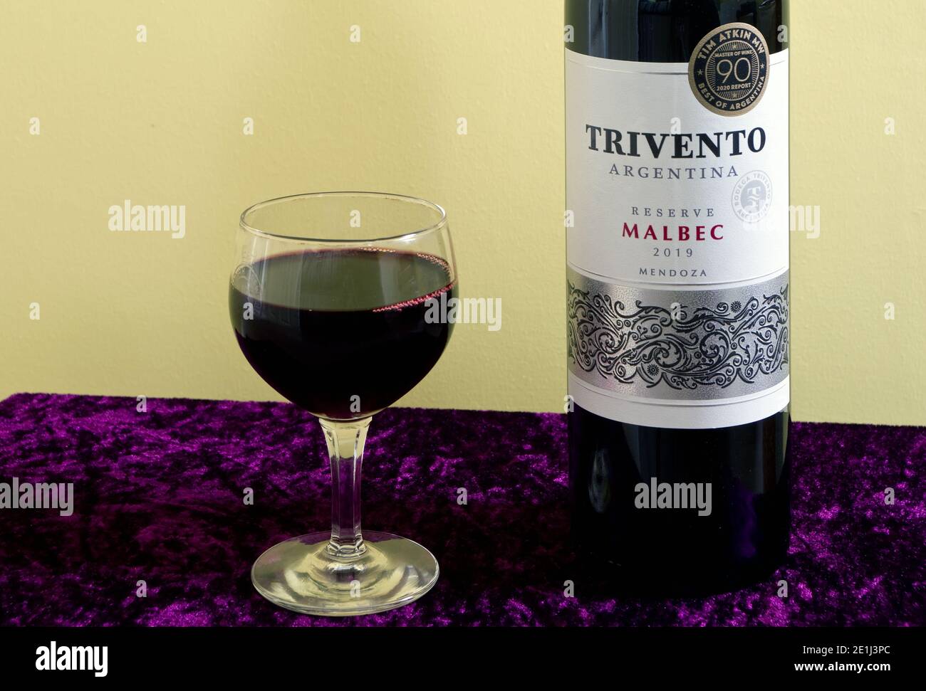 Bottle of Trivento Malbec 2019 Argentinian Red Wine & Glass Stock Photo ...