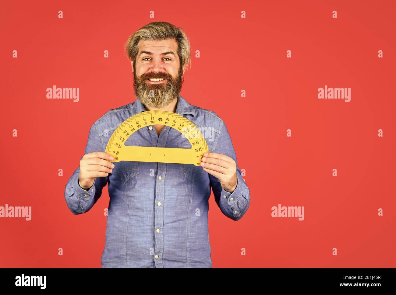 man teacher use protractor tool. bearded tutor man with ruler. draw and ...