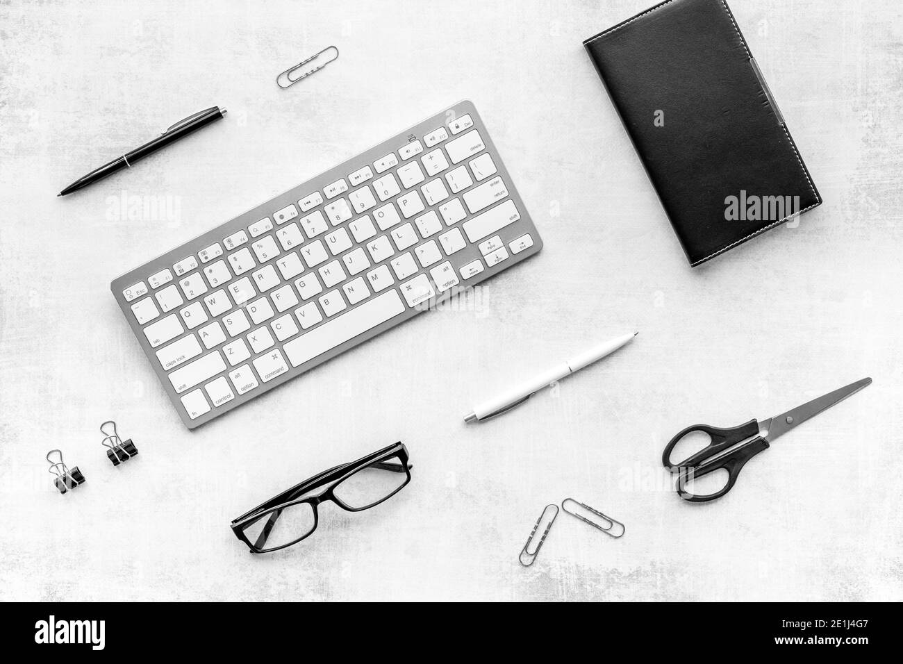 Flat lay view office Black and White Stock Photos & Images - Alamy