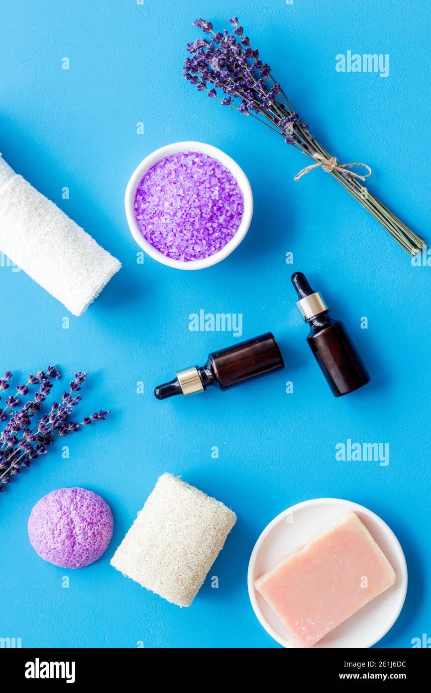 Aromatherapy wellness background with lavender cosmetics Stock Photo ...