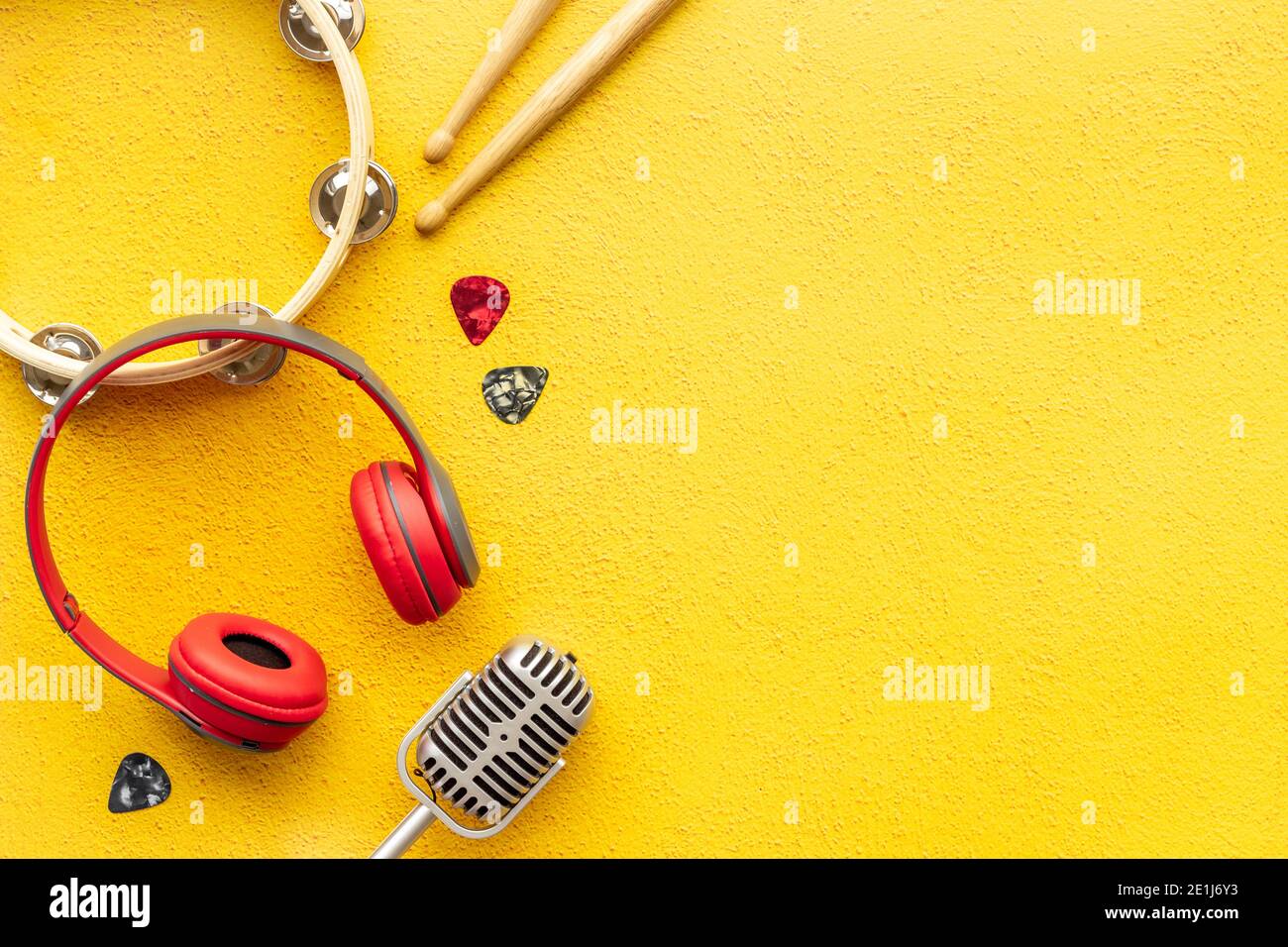 Top view of musical instrument with eadphones, flat design background ...