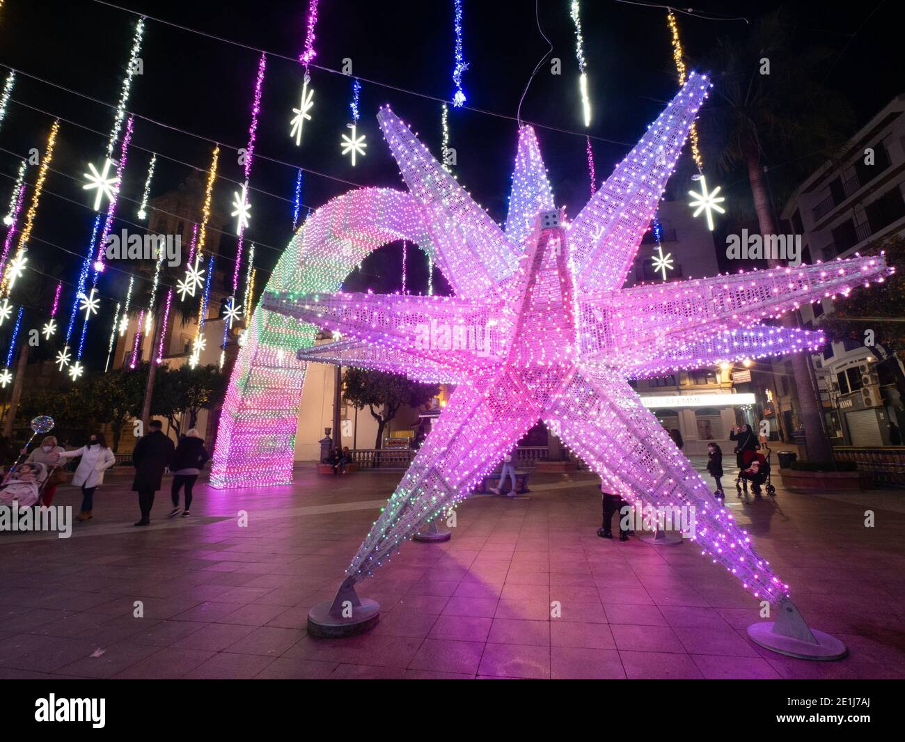 Christmas Lights In The Center Of The Town Stock Photo - Alamy