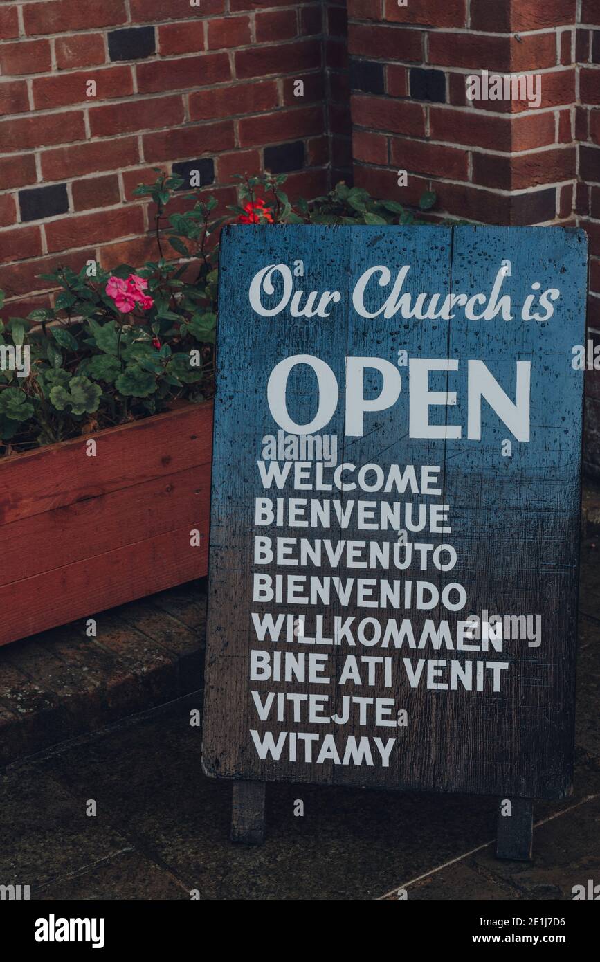 Close up of open sign outside St Anthony of Padua Church, a Roman ...
