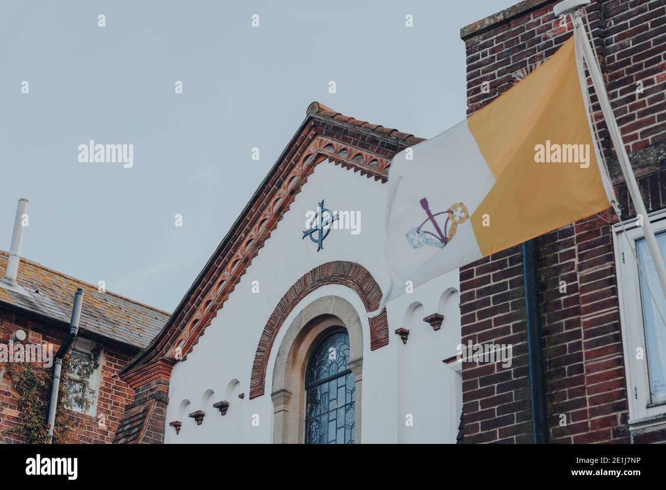 Rye, UK - October 10, 2020: Low angle view of exterior of St Anthony of ...
