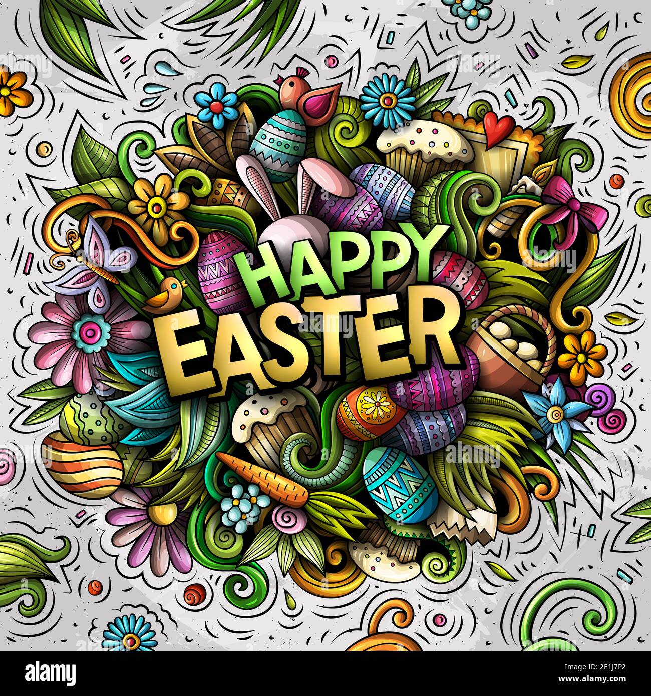 Happy Easter hand drawn cartoon doodles illustration Stock Photo - Alamy