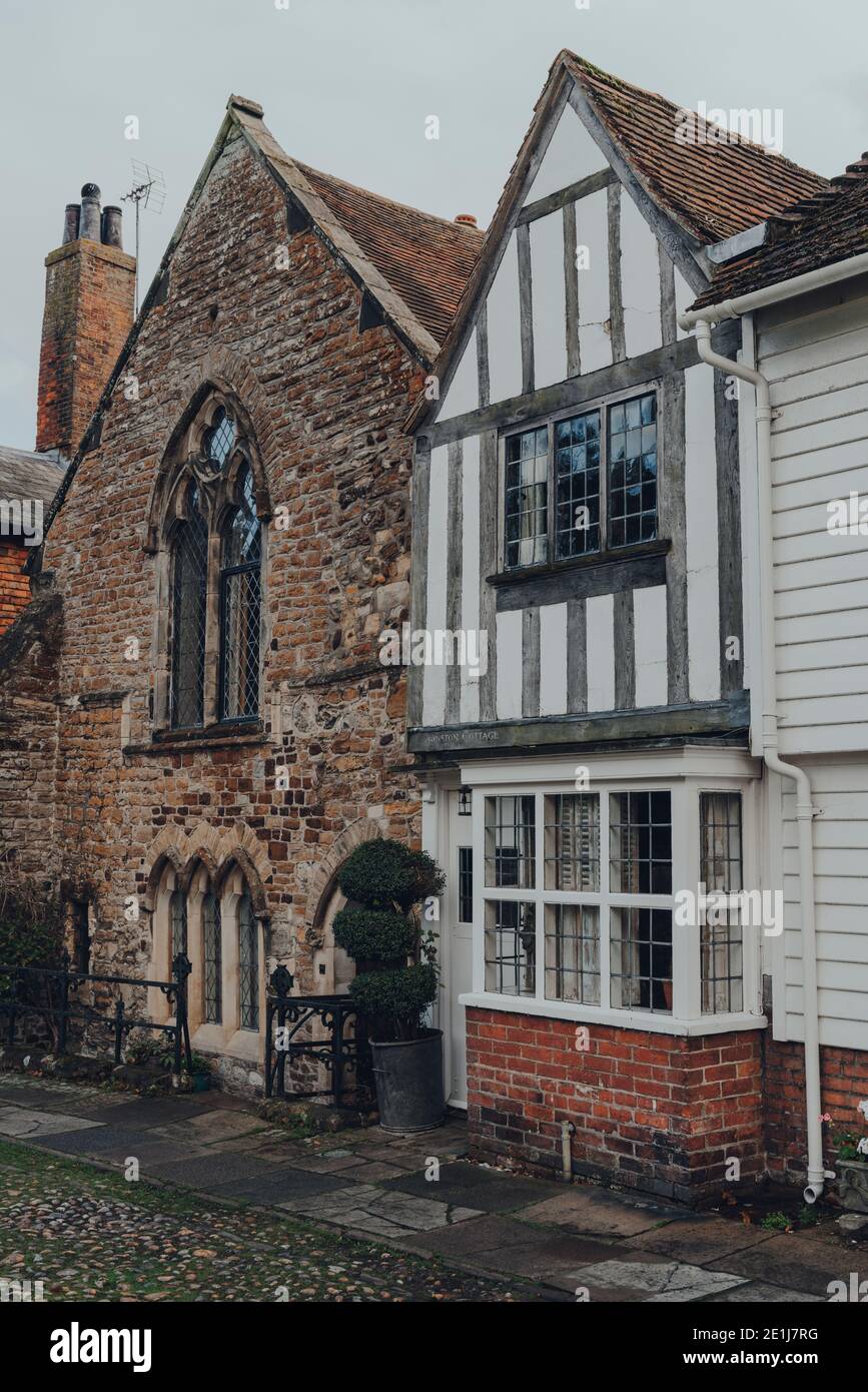Rye, UK - October 10, 2020: Old stone and timber framed Tudor style ...