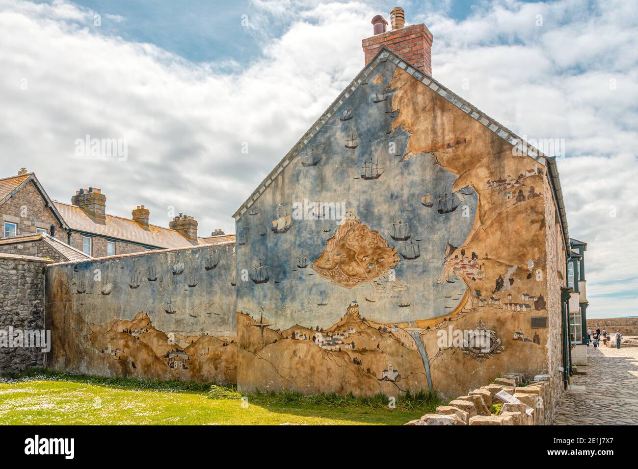 Ancient mural map at a house at the harbour of St.Michaels Mount ...