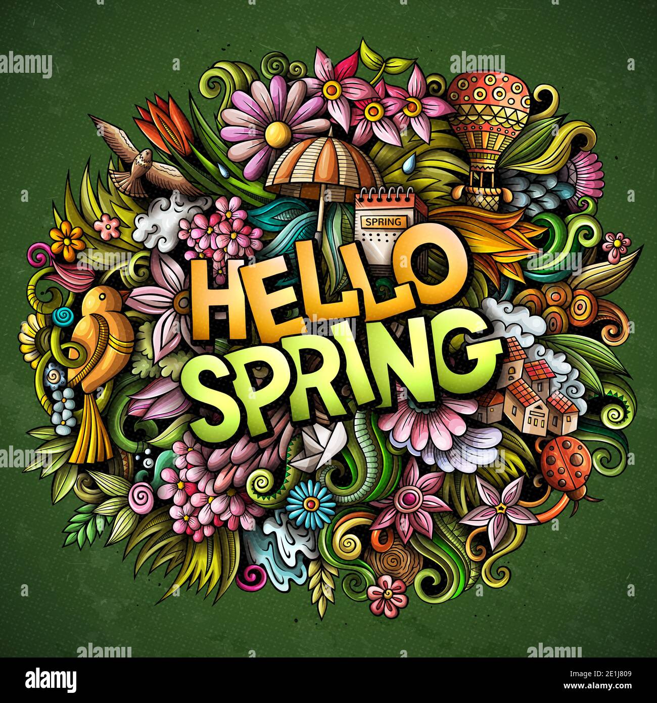 Hello Spring hand drawn cartoon doodles illustration. Funny seasonal ...