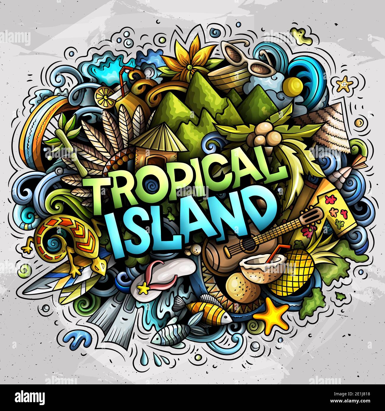 Tropical paradise hand drawn cartoon doodles illustration. Funny ...