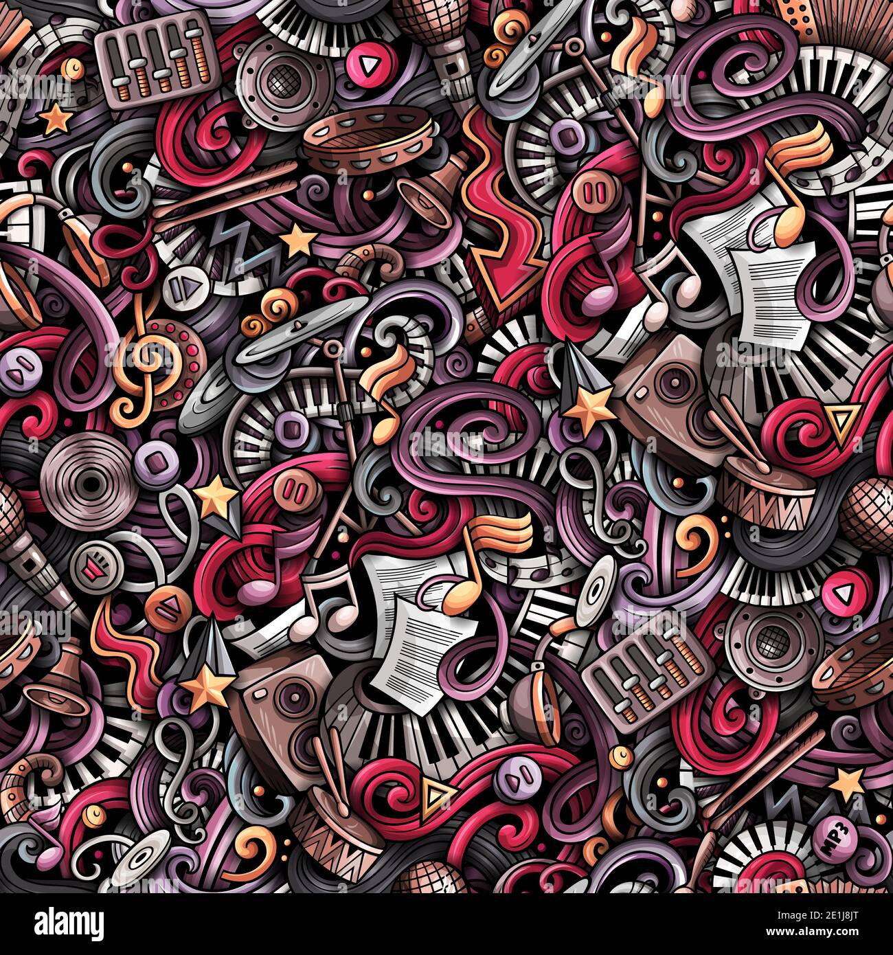 Music hand drawn raster doodles seamless pattern Stock Photo - Alamy